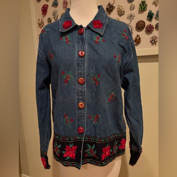 life style | Tops | Vintage Y2k 9s Holiday Christmas Denim Poinsettia ...